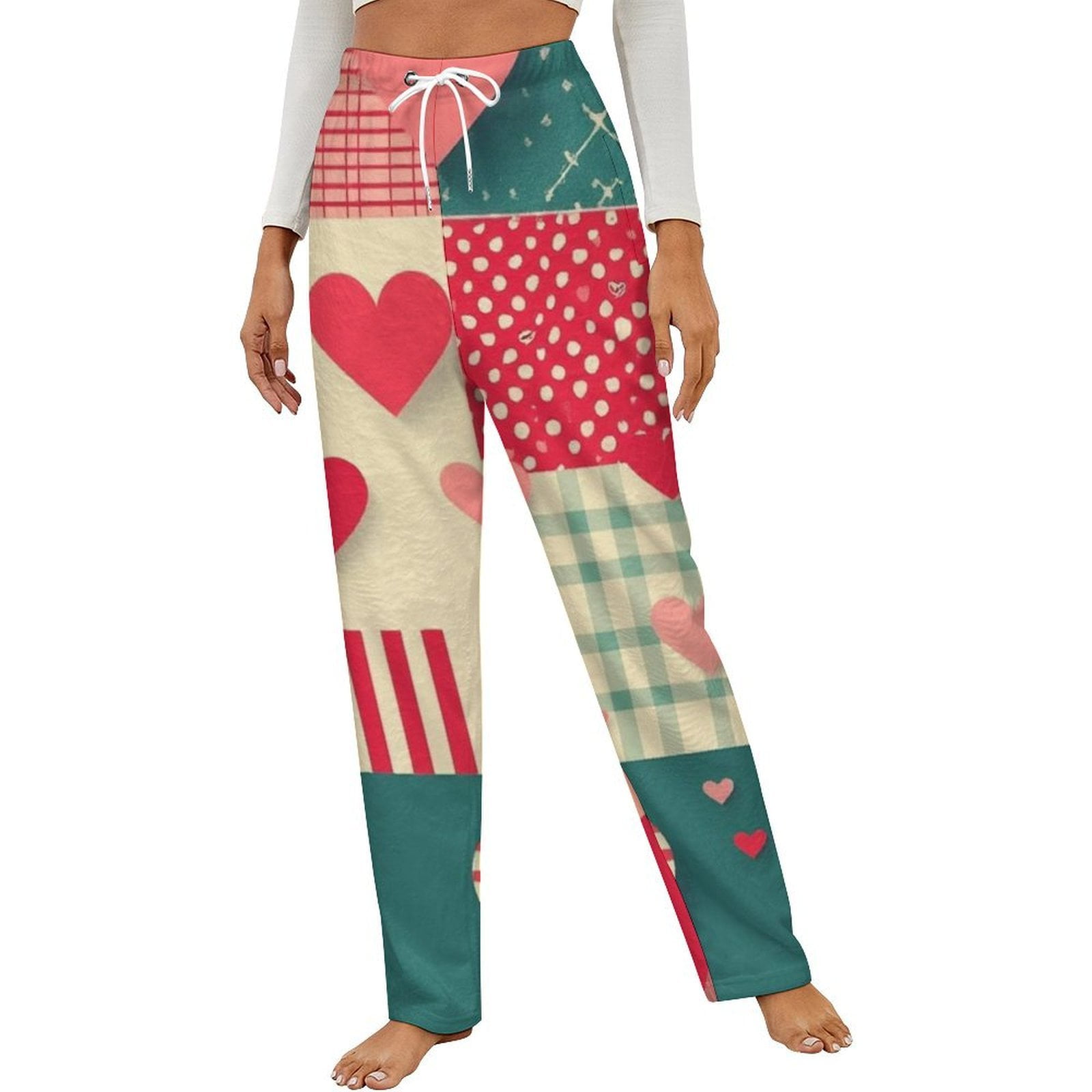 Colorful Heart Patchwork Pattern Winter Female Pants Flannel High Waist ...