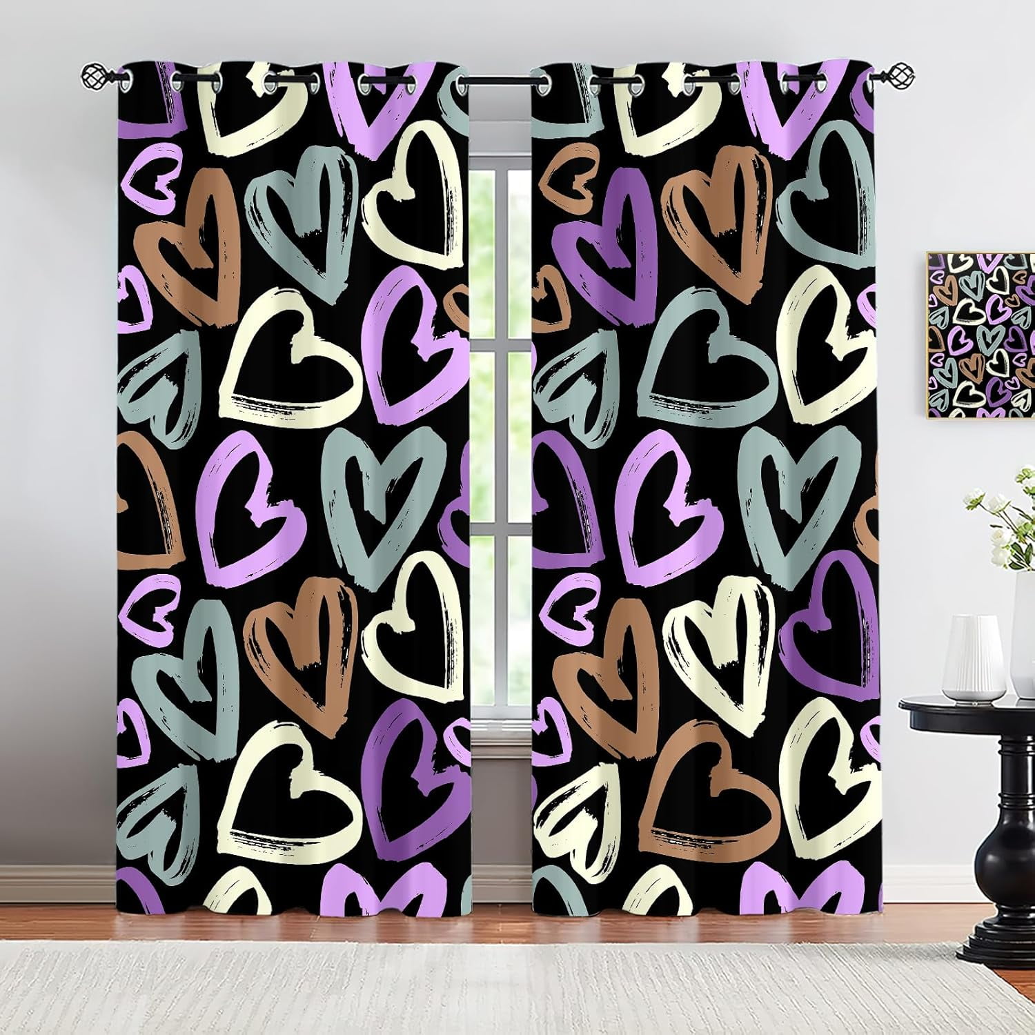 Colorful Heart Pattern Blackout Window Curtain Home Decor, Black ...
