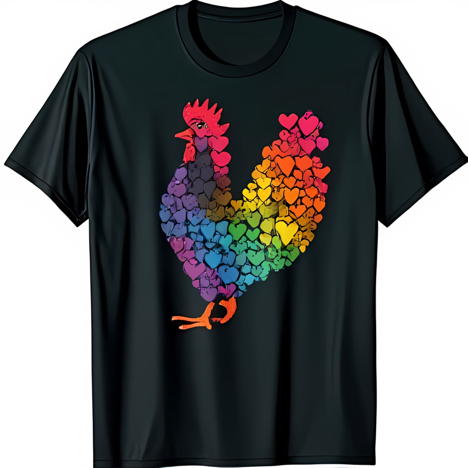 Colorful Heart Rooster Graphic Black T-Shirt for Pride Celebrations ...