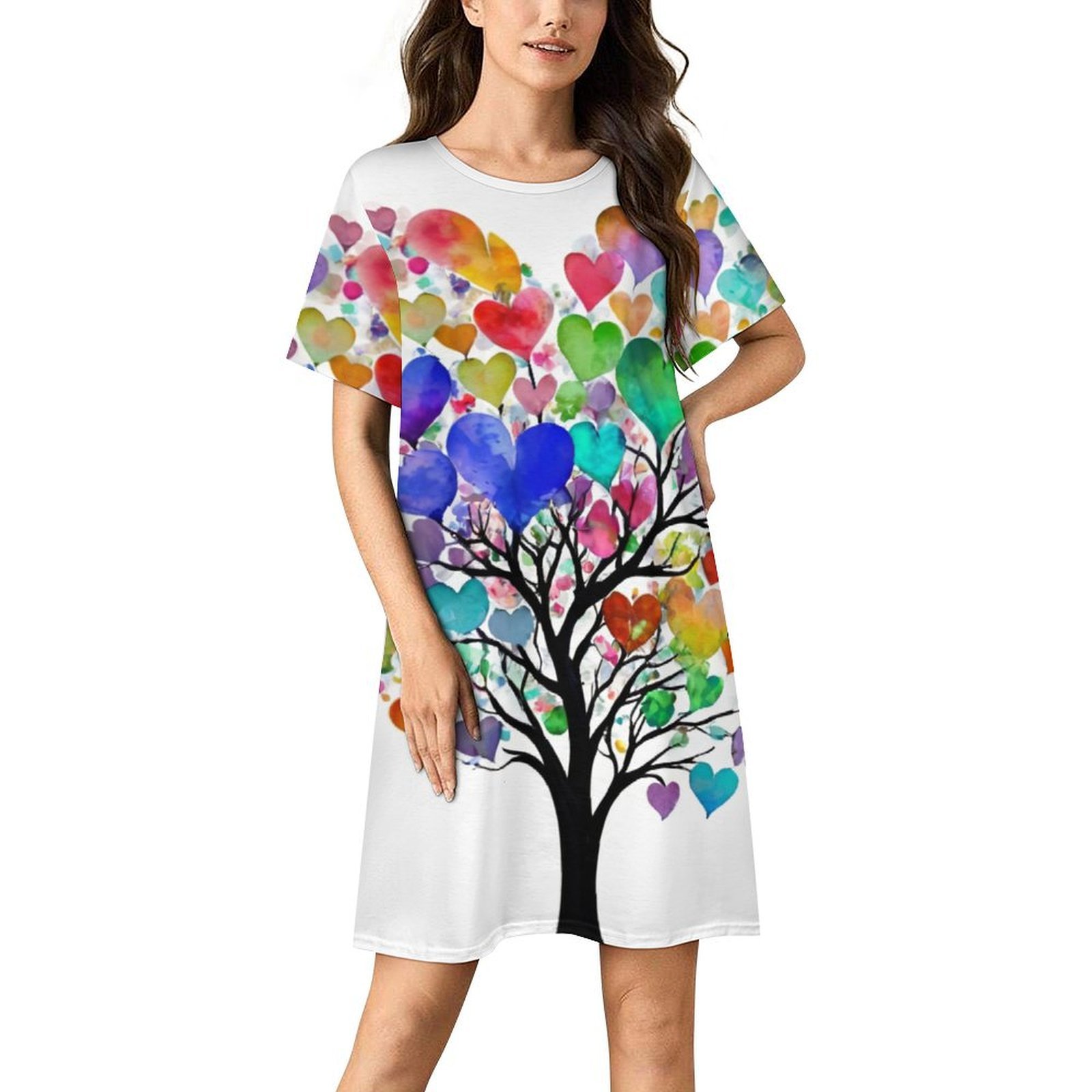 Colorful Heart Tree Art Women Nightgown Sleepwear Short Sleeves For ...