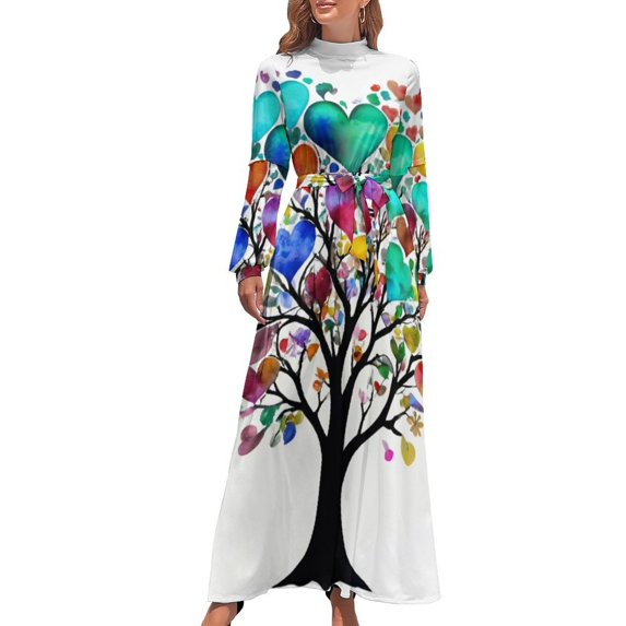 Colorful Heart Tree Art Women's Long Dress Long Sleeves Dress Vintage ...