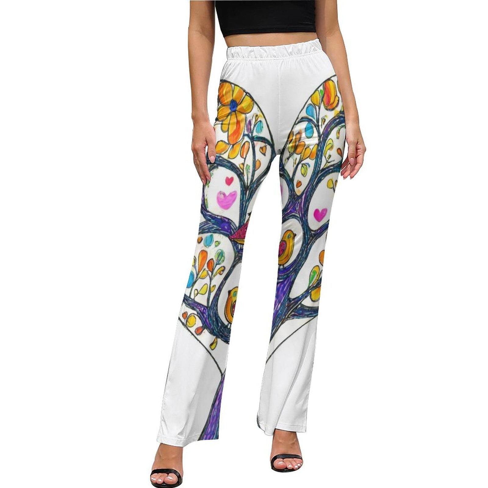 Colorful Heart Tree Flowers High Waisted Casual Flared Trousers Summer ...