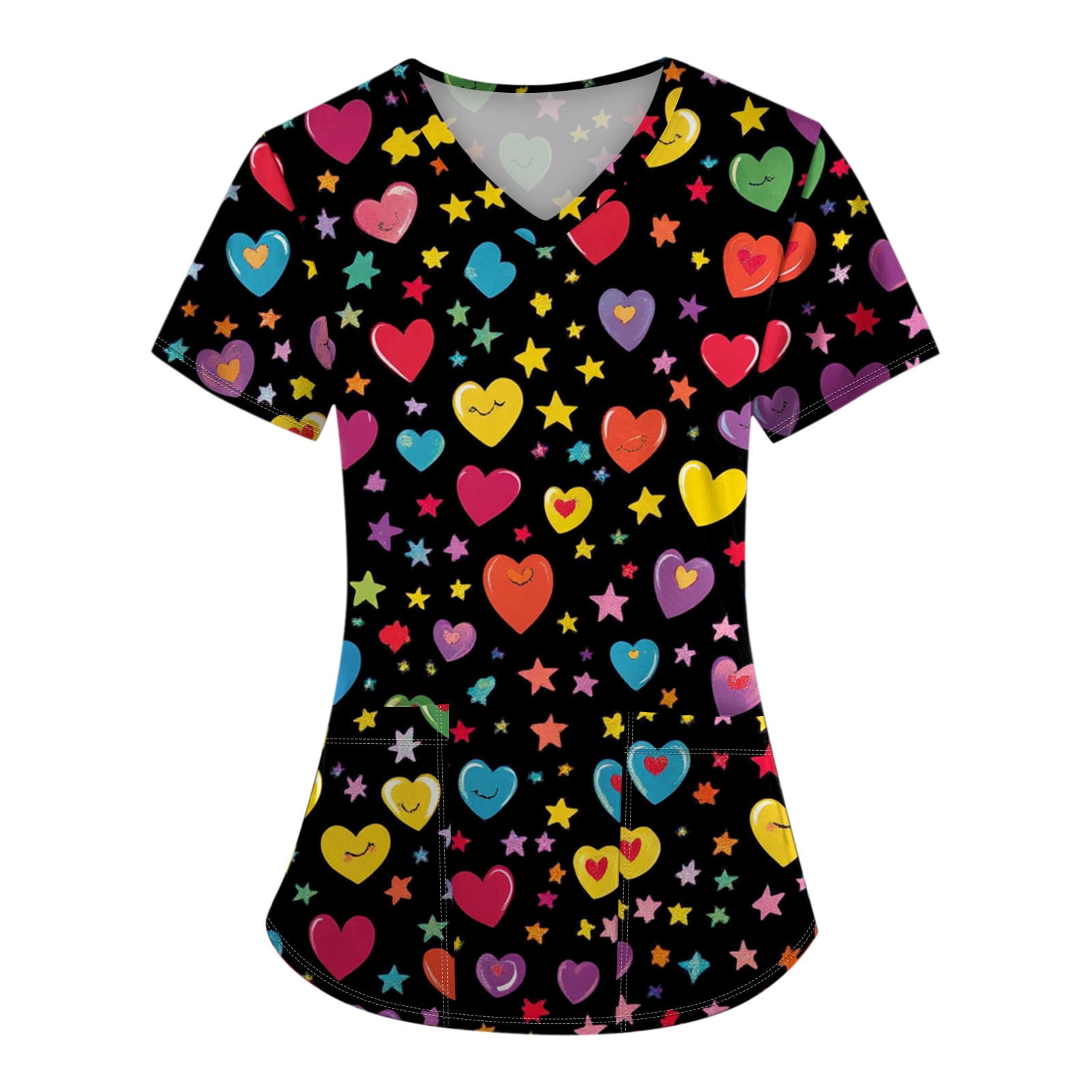 Colorful Heart and Star Print V-Neck Scrub Top for Women Comfortable ...