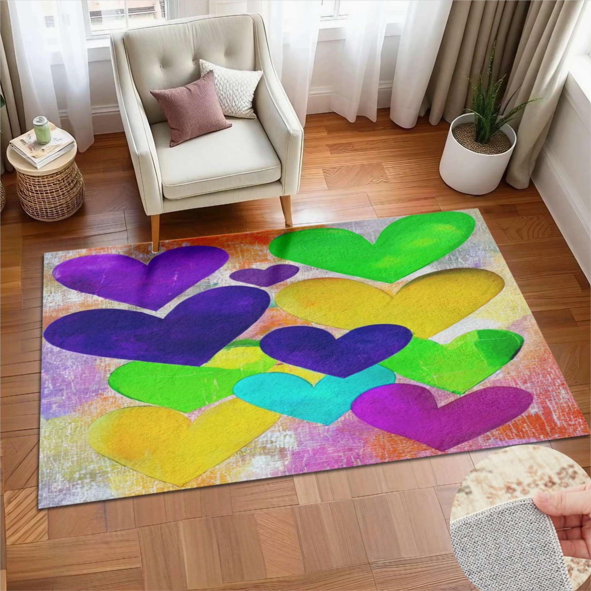 Colorful Hearts Abstract Art Soft Large Area Rugs Washable Rug With Non ...