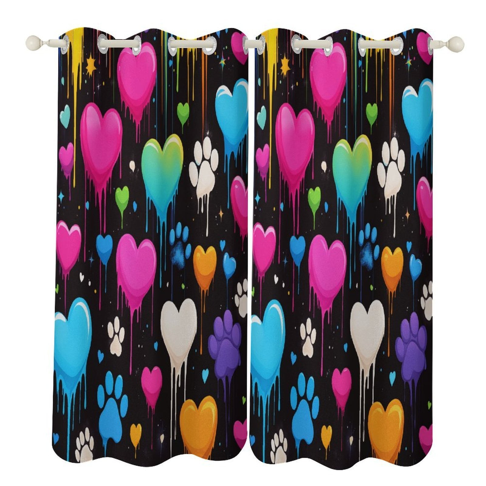 Colorful Hearts And Paw Prints Pattern-2 Blackout Curtain 3d Printed ...
