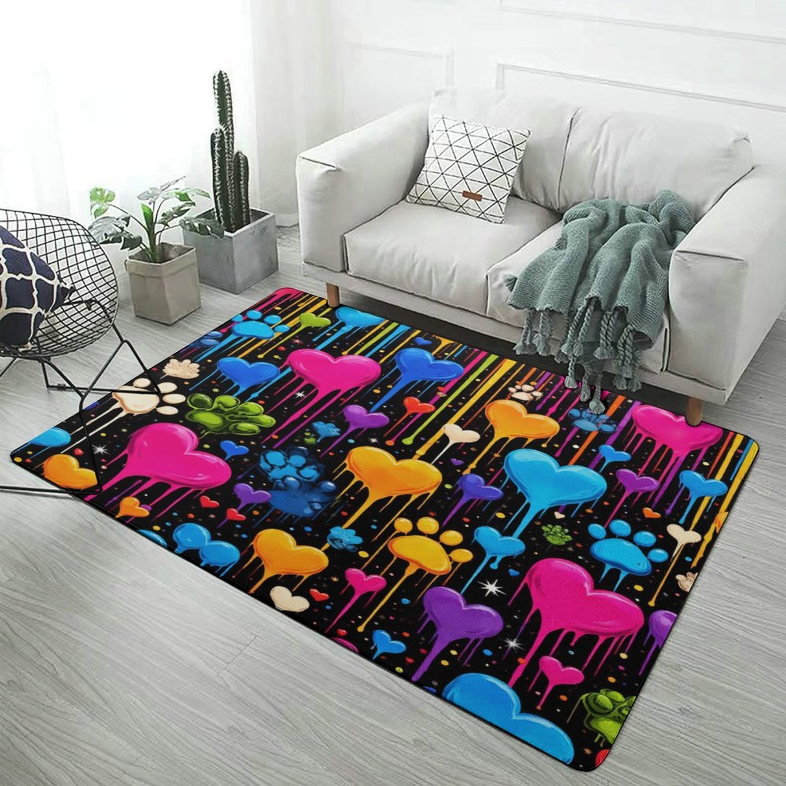 Colorful Hearts And Paw Prints Pattern Carpet Style Living Room Bedroom ...