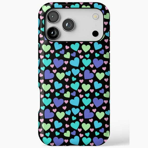 Colorful Hearts Pattern On Black iPhone Case 11 through 17 Pro Max ...