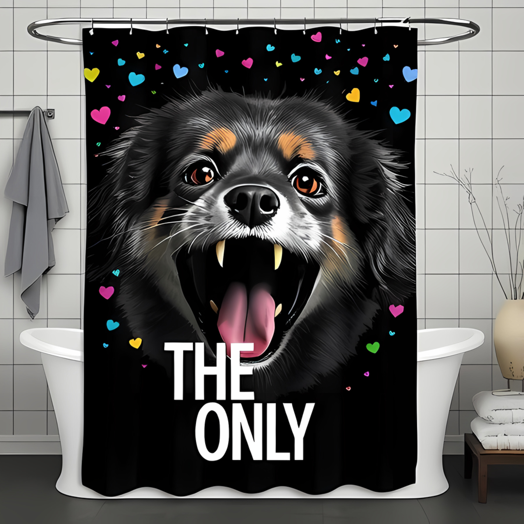 Colorful Hearts Pattern Shower Curtain with Animated Dog Design - Fun ...