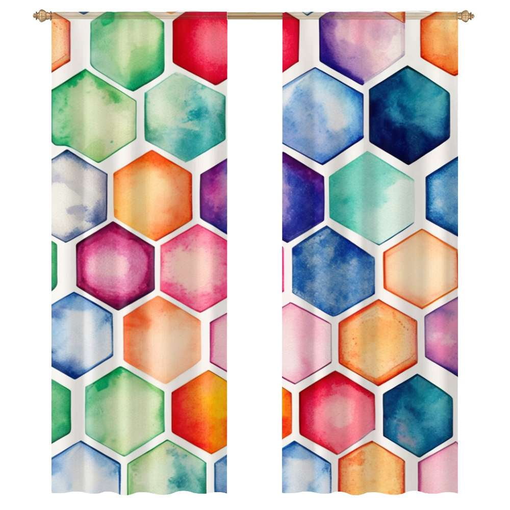 Colorful Hexagon Pattern Sheer Voile Curtain Window Tulle Curtains For ...