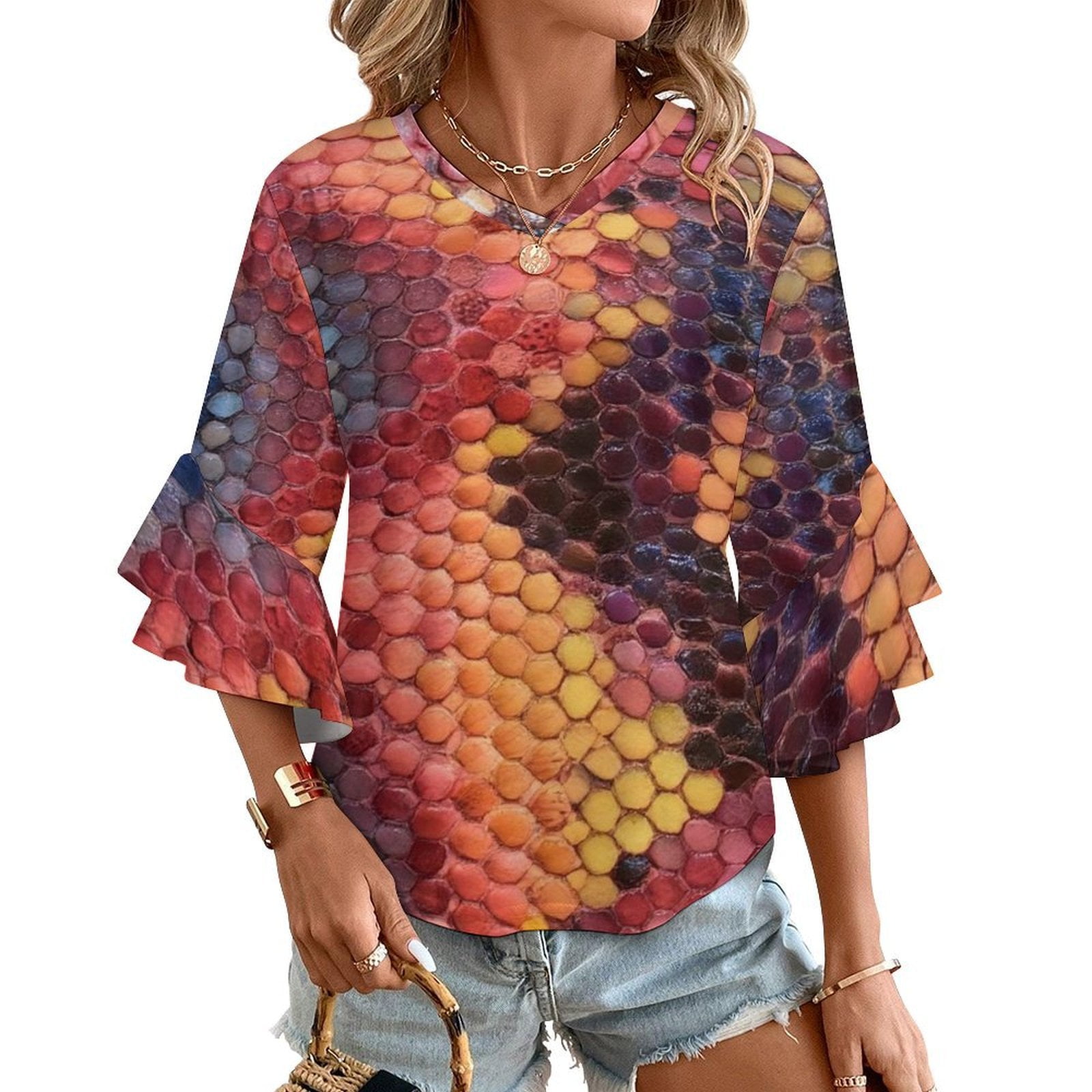 Colorful Hexagonal Mosaic Artwork Women's V-Neck Blouse With 3/4 ...