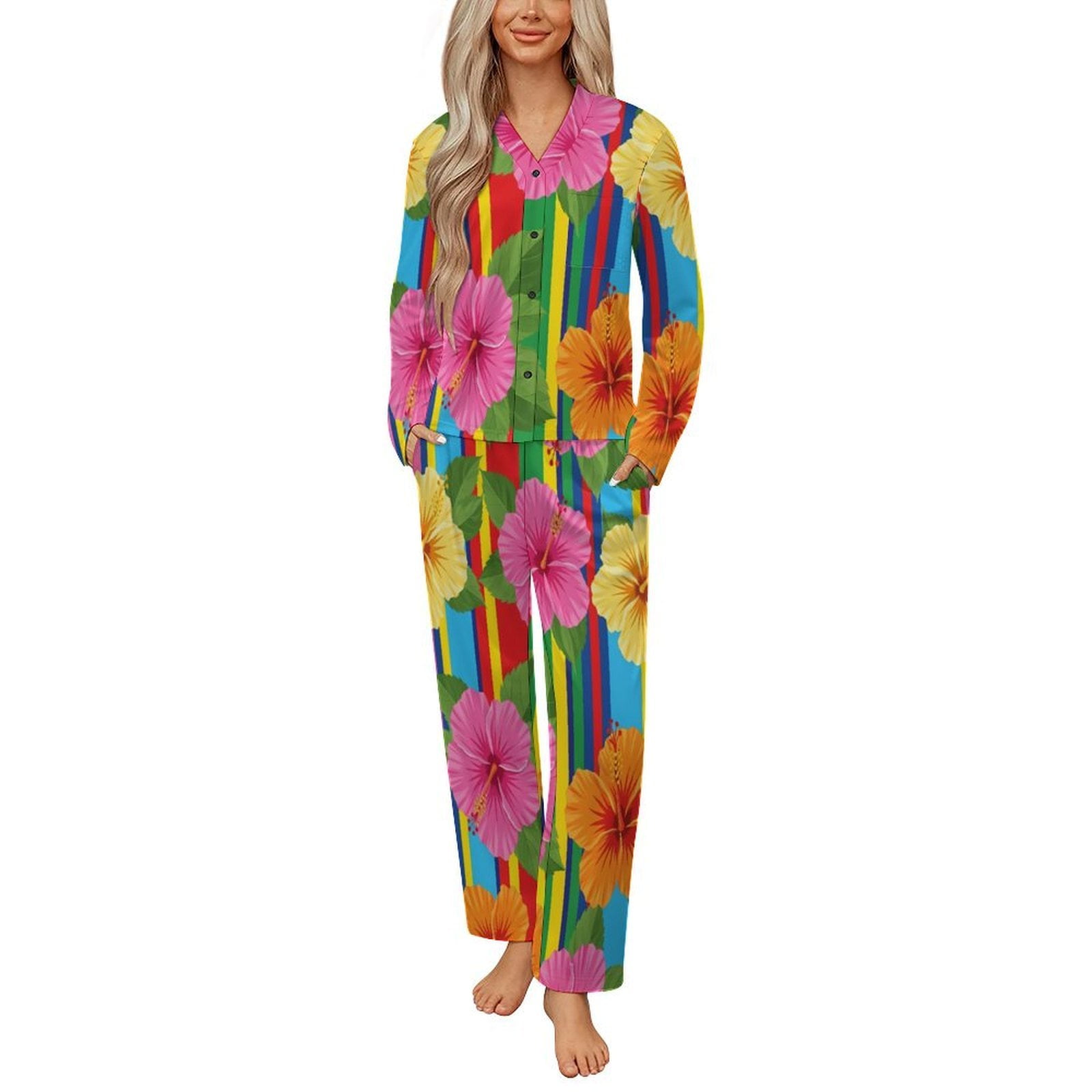 Colorful Hibiscus Floral Striped Pattern Womens Pyjamas Set Button Up ...