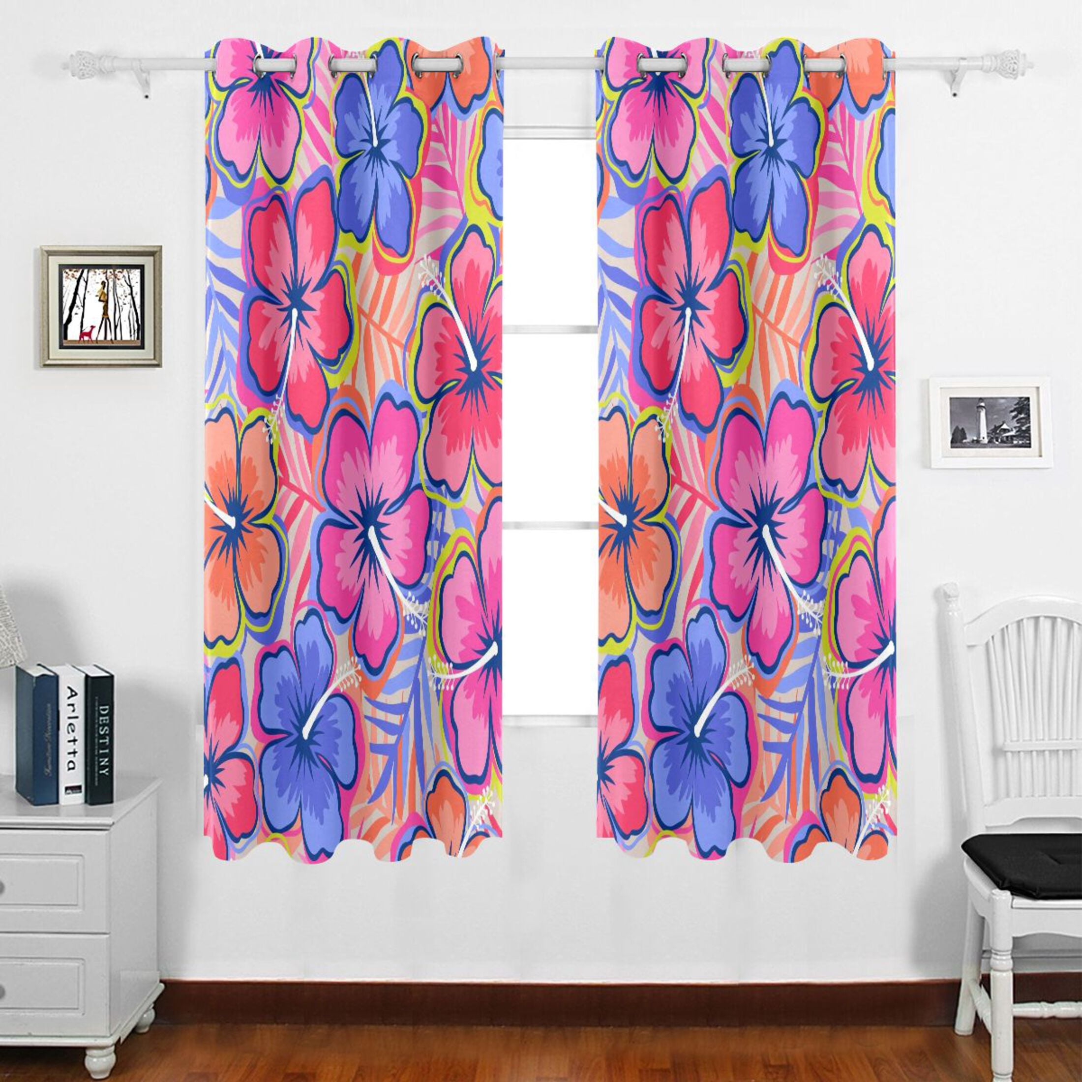 Colorful Hibiscus Flower with Palm Leaf Grommet Blackout Curtains ...