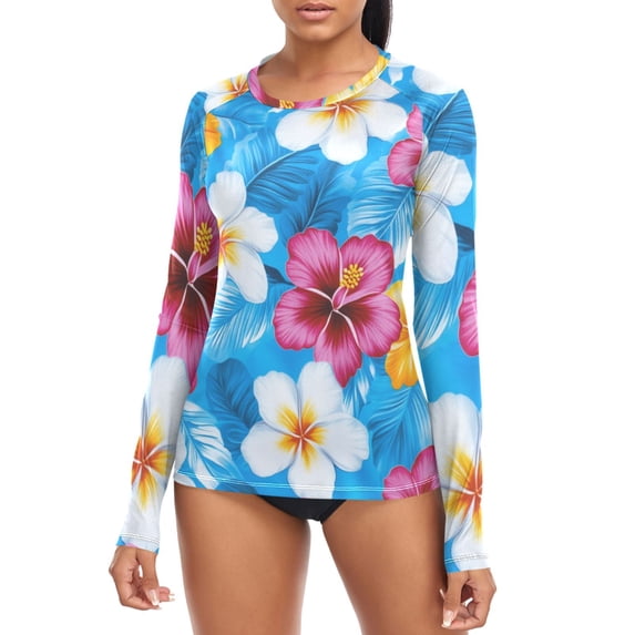 Colorful Hibiscus Flowers Hawaii Women's Rash Guard Shirts UPF 50+ Sun ...