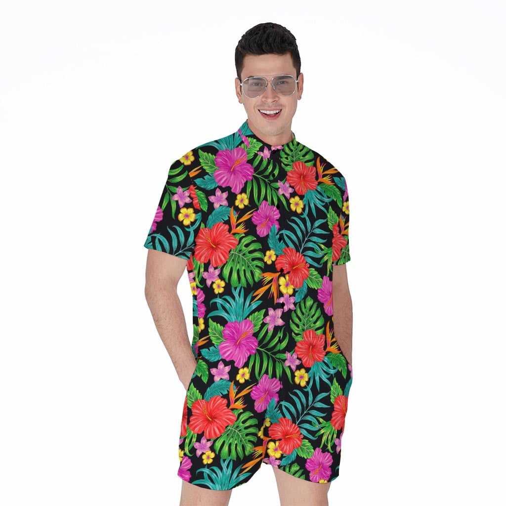 Colorful Hibiscus Flowers Pattern Short Sleeve Men'S Rompers, Aloha ...