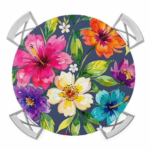 Colorful Hibiscus Round Table Cover, Watercolor Floral Botanical Summer ...