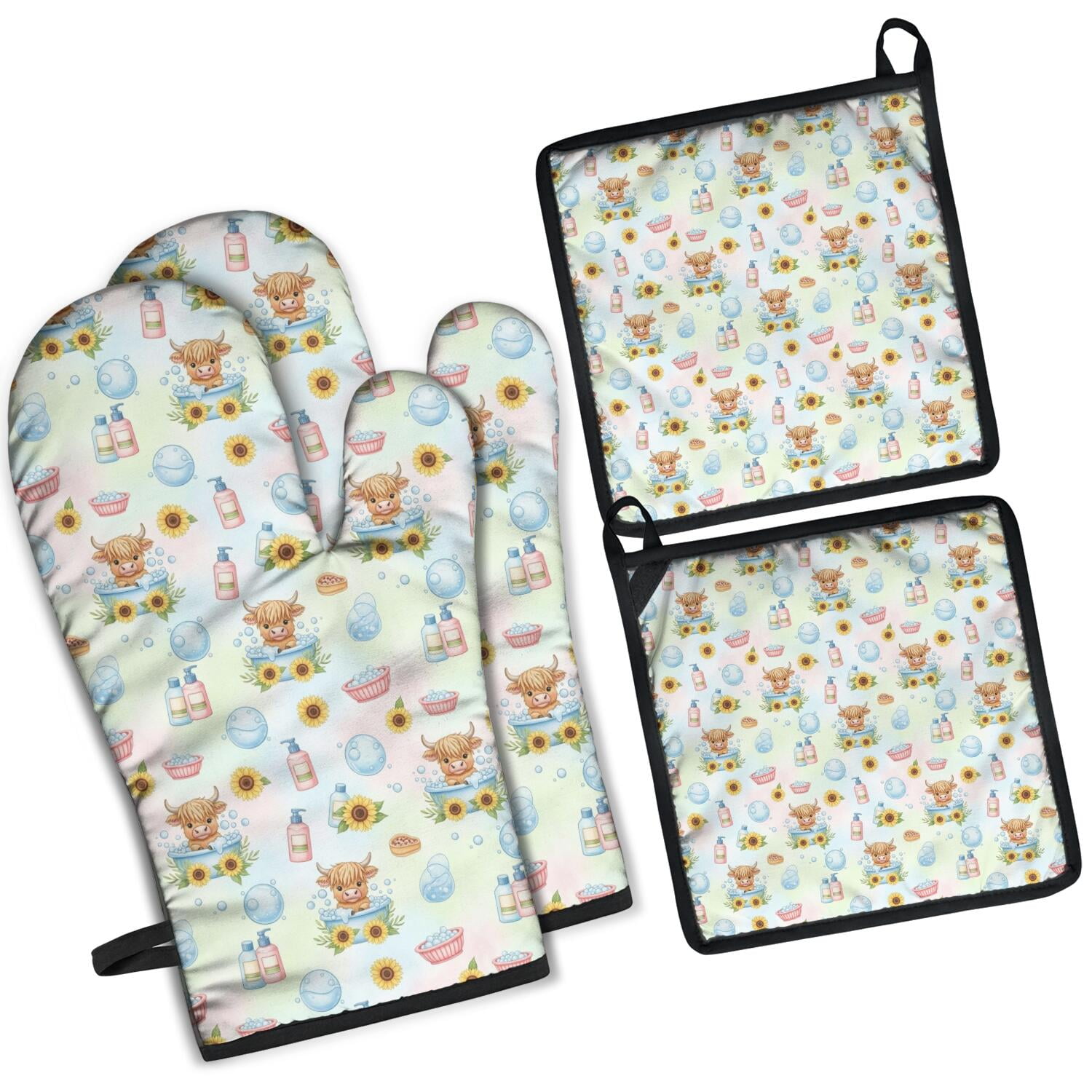 Colorful Highland Cow Bathtub Pattern Kitchen Oven Mitt and Pot Holder ...