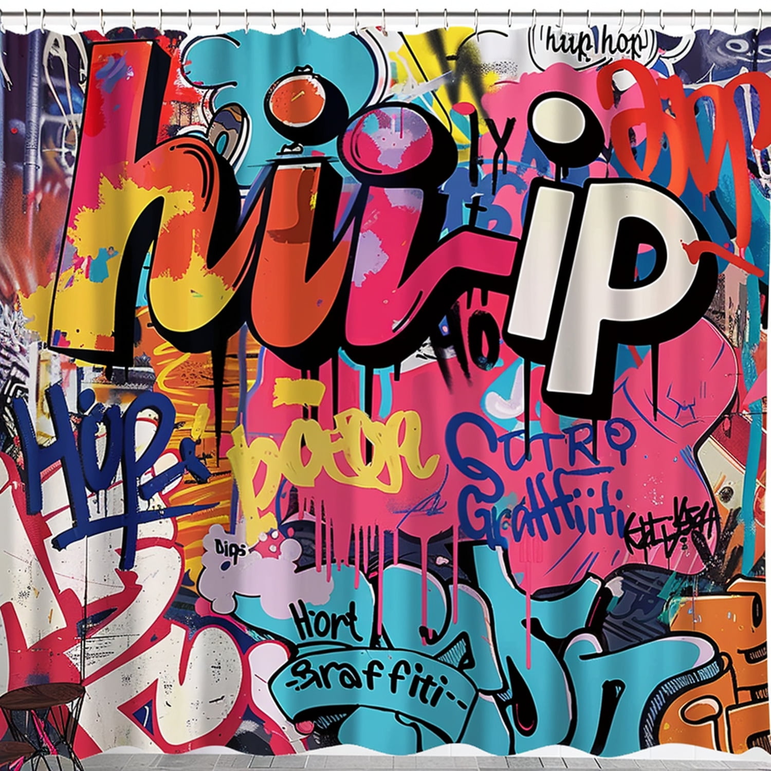 Colorful Hip Hop Graffiti Shower Curtain Street Art Style Bathroom