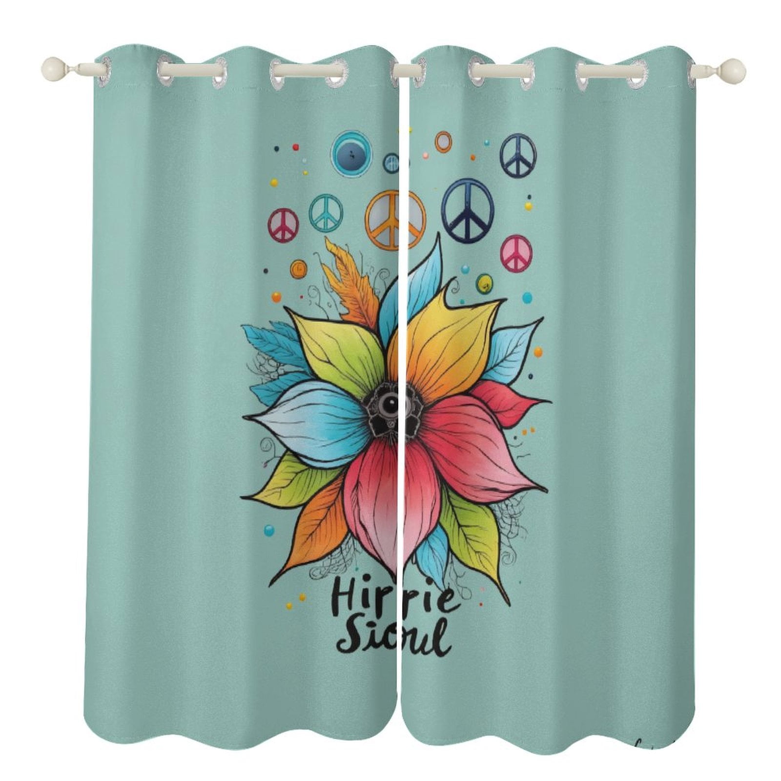 Colorful Hippie Flower Peace Signs 2 Panels 3D Printing Pattern Curtain ...