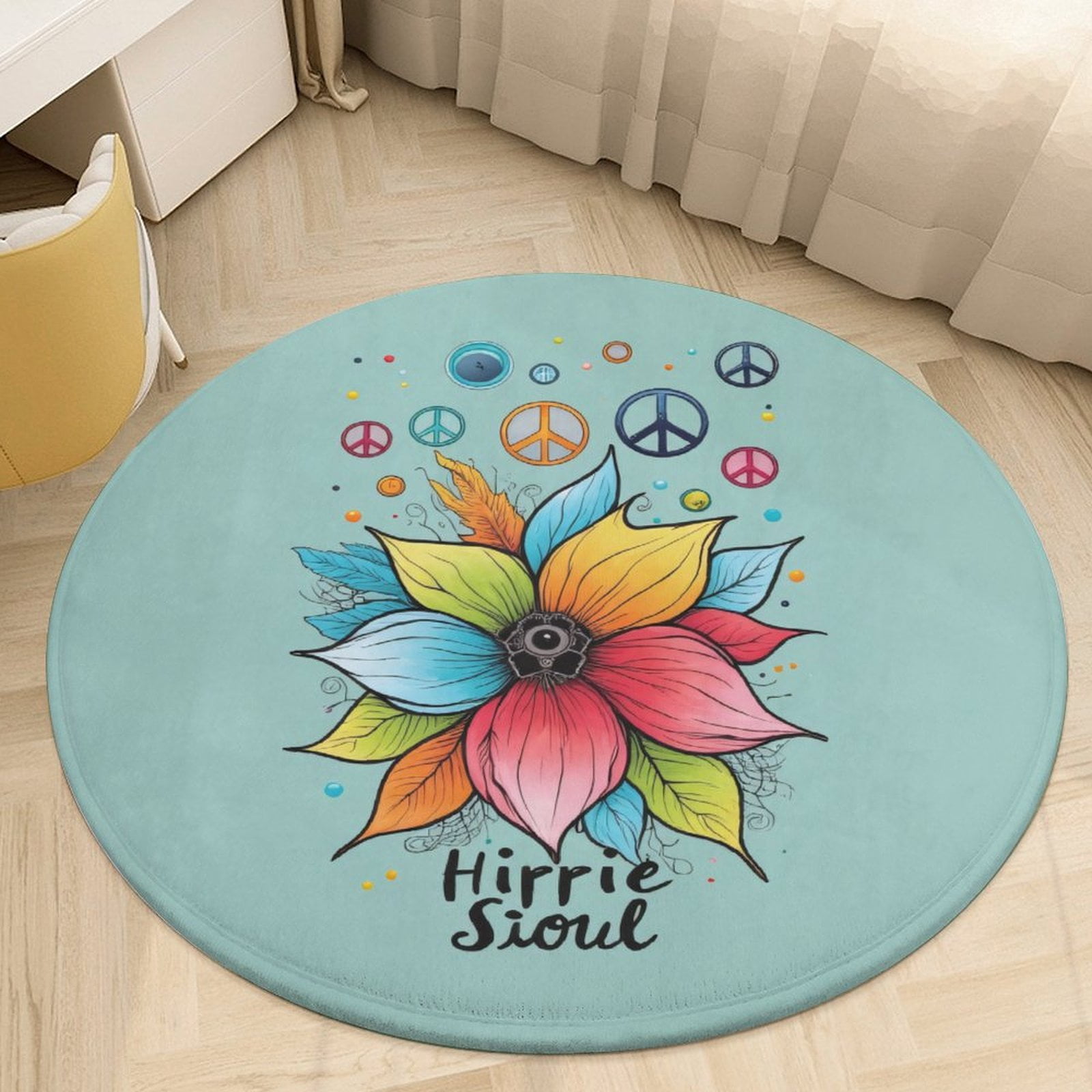 Colorful Hippie Flower Peace Signs Round Area Rugs for Bedroom Living ...