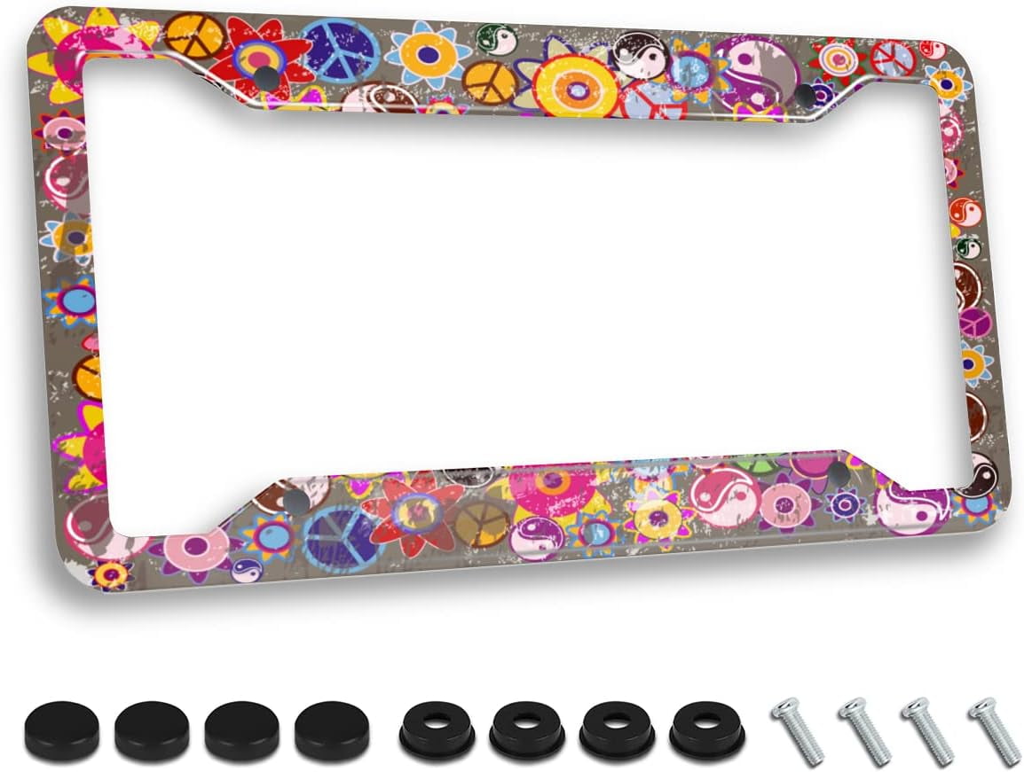 Colorful Hippies Retro Flowers Peace and Yin Yang Print License Plate ...