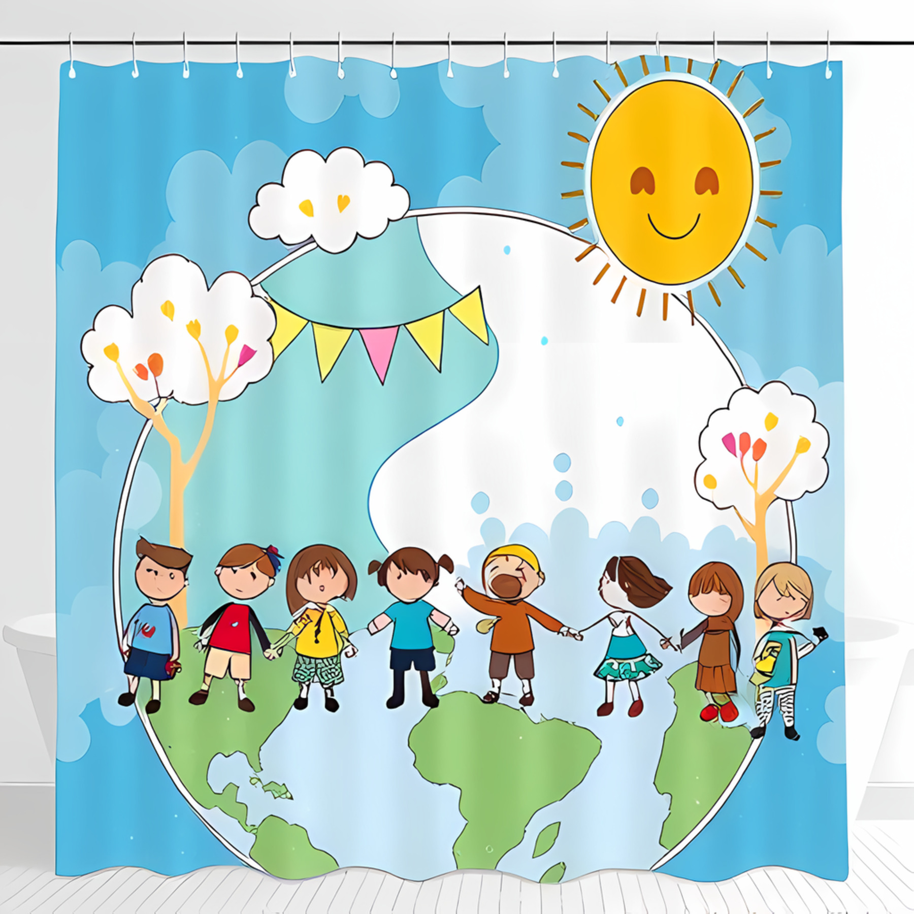 Colorful Holding Hands Shower Curtain - Global Design with Trees Sun ...