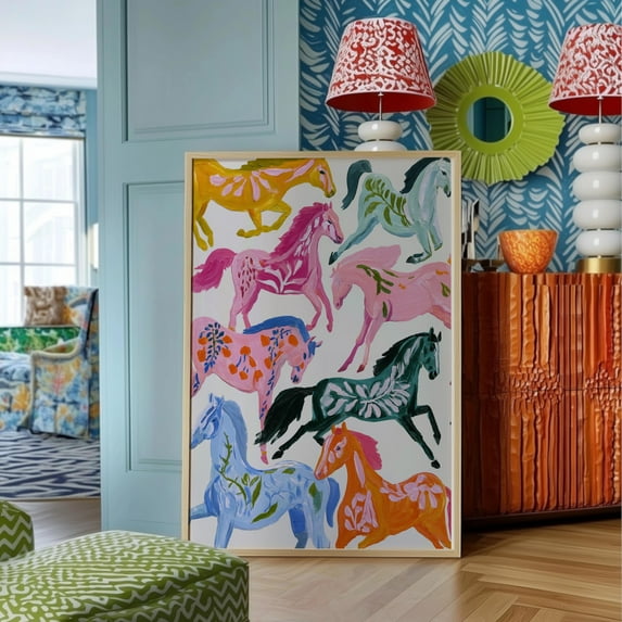 Colorful Horse Print: Playful Pony Floral Wall Art, 24x36 UNFRAMED ...