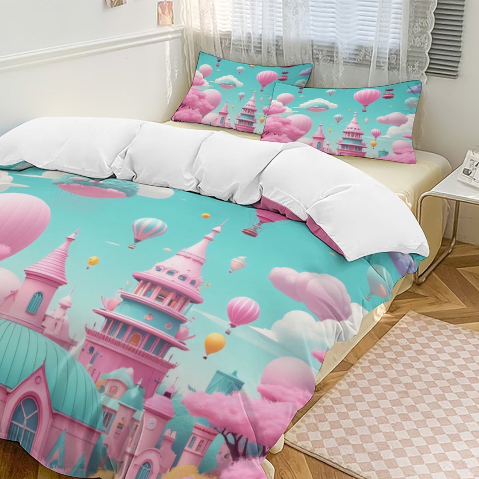 Colorful Hot Air Balloons Over Castle Bedding Set Couple Bedclothes ...