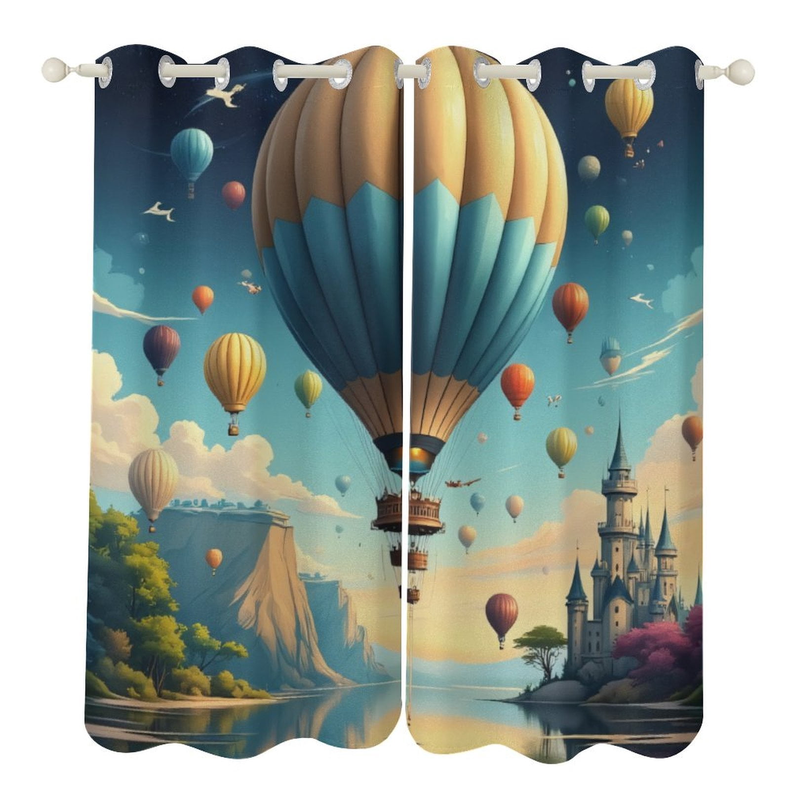Colorful Hot Air Balloons Over Castle Luxury Window Curtains Blinds for ...