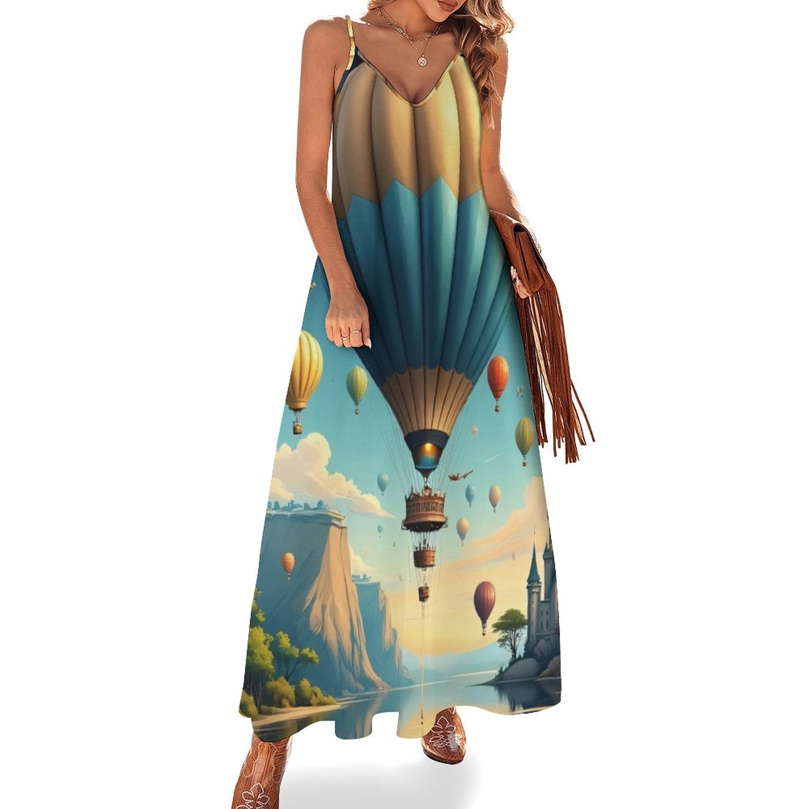 Colorful Hot Air Balloons Over Castle Sleeveless Dress Woman Fashion ...