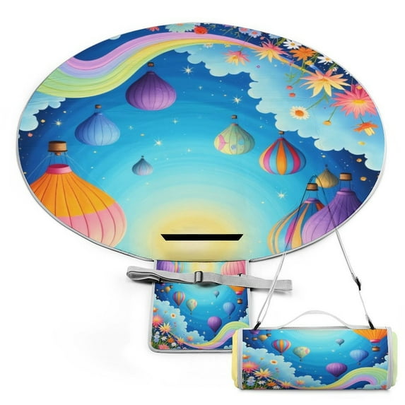 Colorful Hot Air Balloons in Sky 58" Round Waterproof Picnic Blanket ...