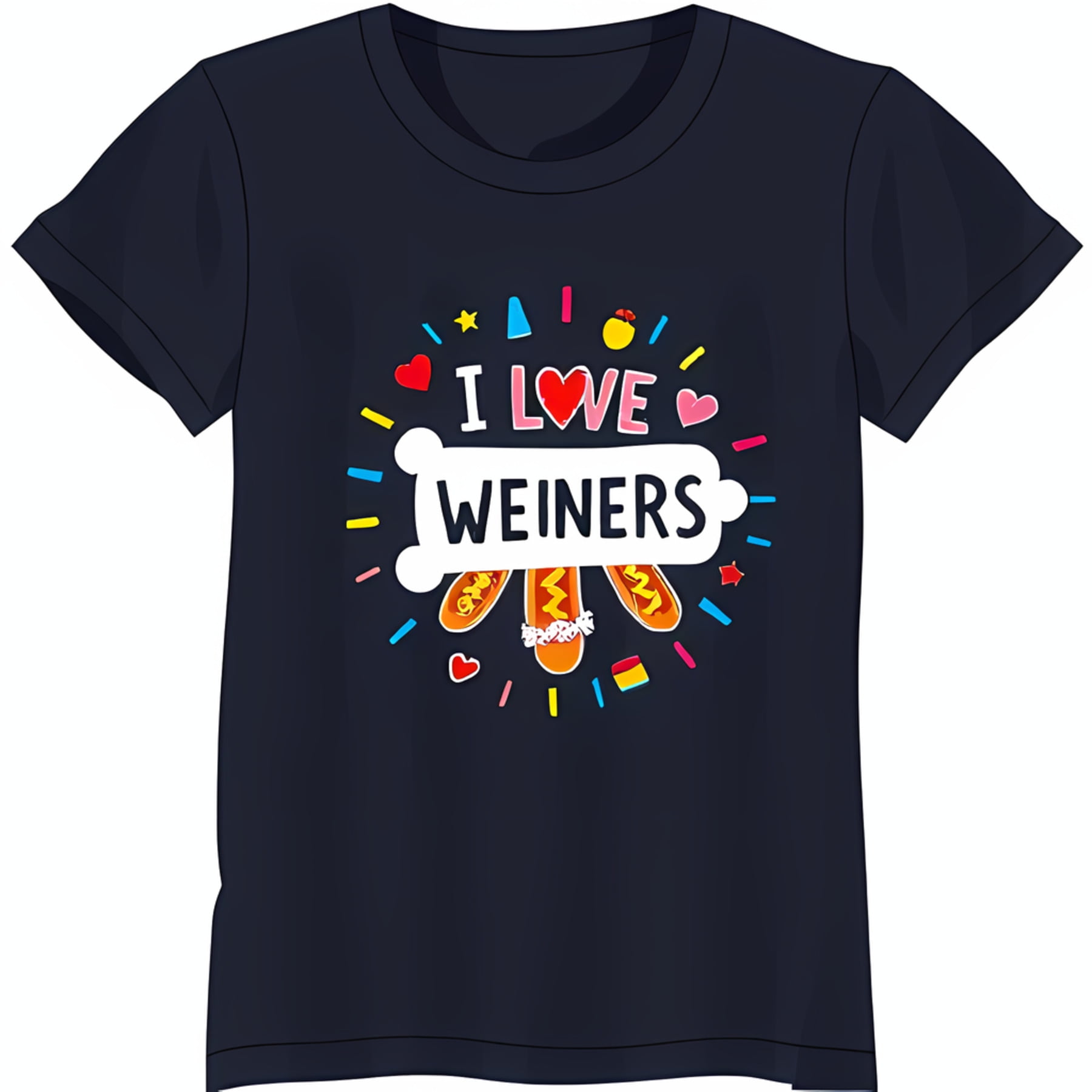 Colorful Hot Dog Design Black T-Shirt with I Love Weiners Text Fun ...