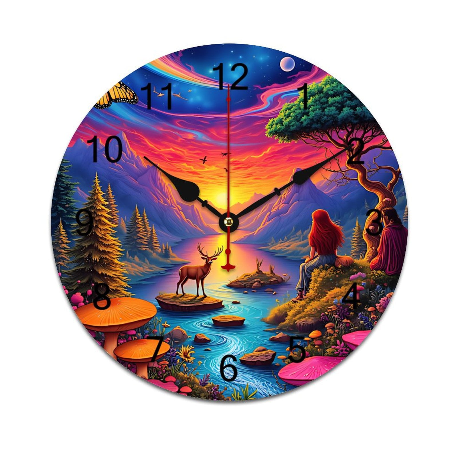 Colorful House And A Tree Printed Silent Wall Clock Round Kitchen Clock ...