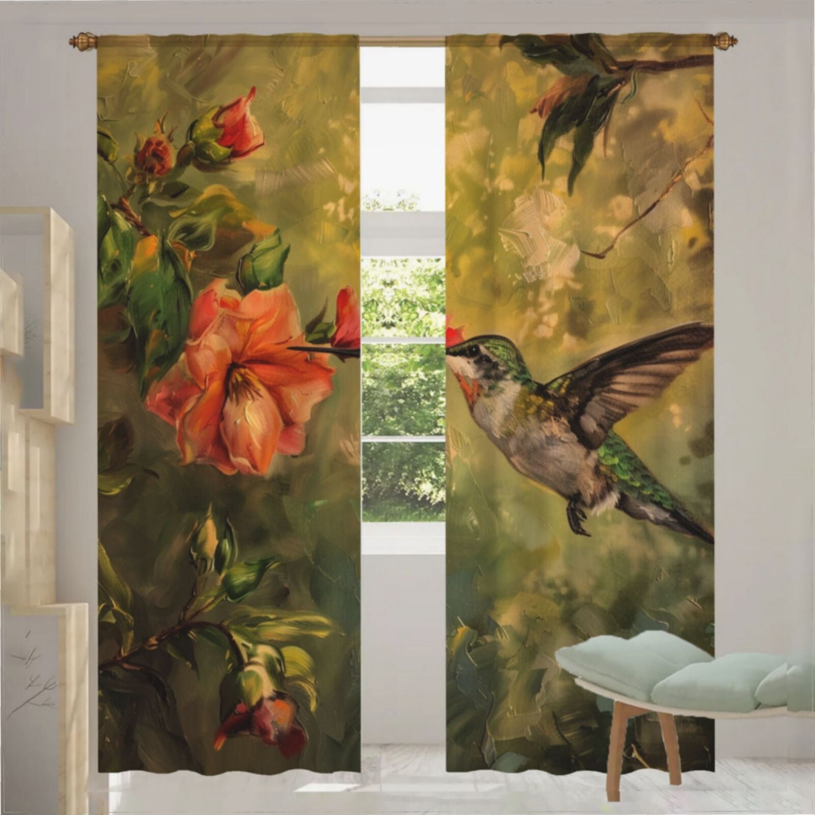 Colorful Hummingbird And Flowers (10) Sheer Window Curtains for Living ...