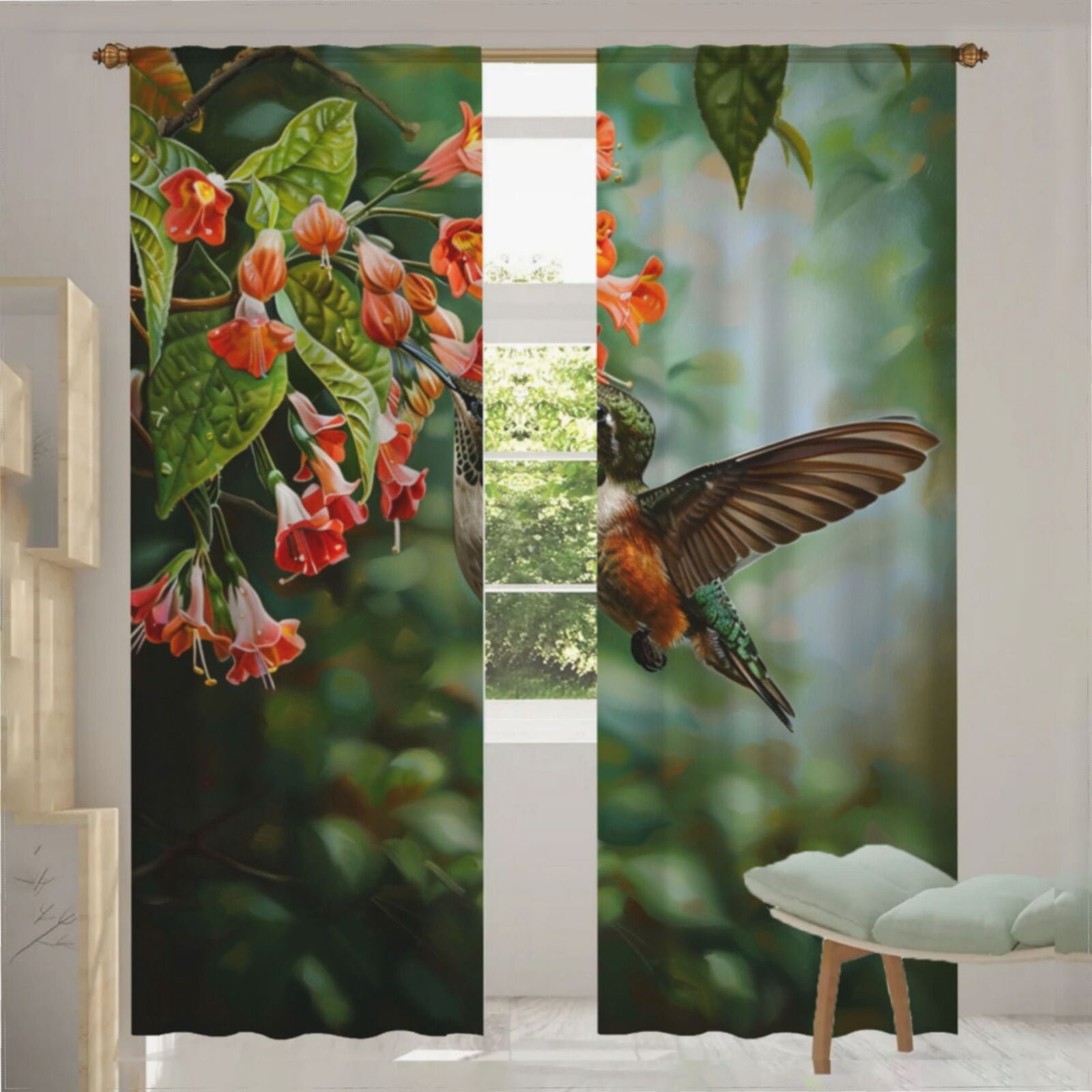 Colorful Hummingbird And Flowers (101) Voile Sheer Curtains Living Room ...