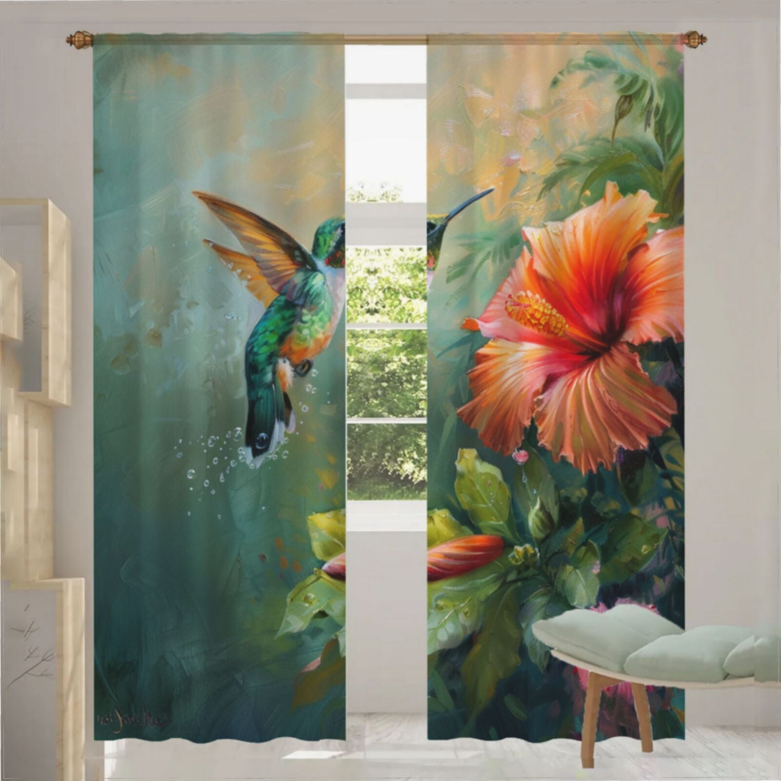 Colorful Hummingbird And Flowers (110) Window Tulle Curtains for Living ...