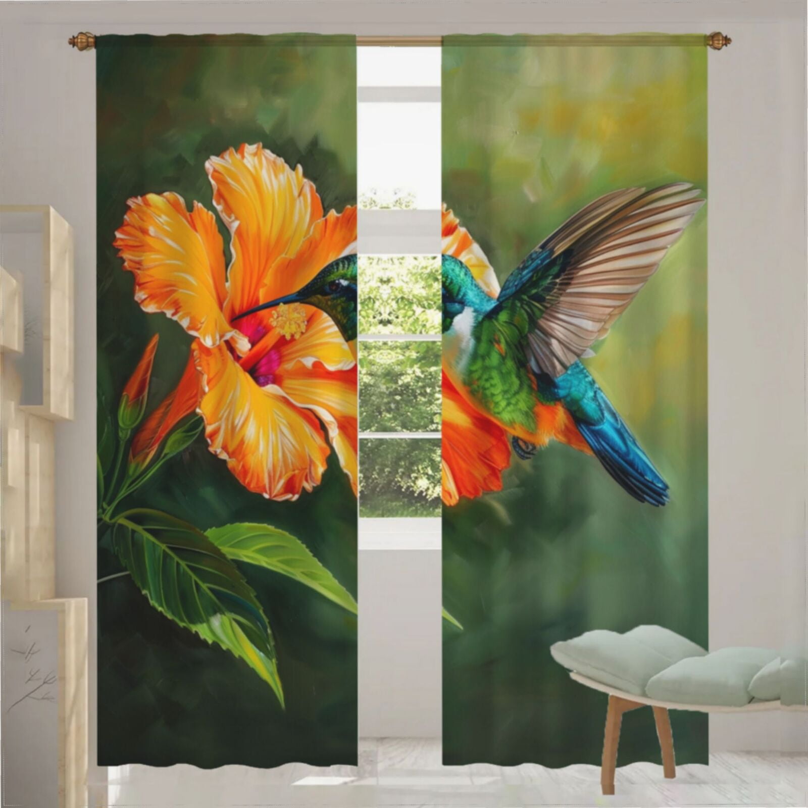 Colorful Hummingbird And Flowers (111) Window Tulle Curtains for Living ...