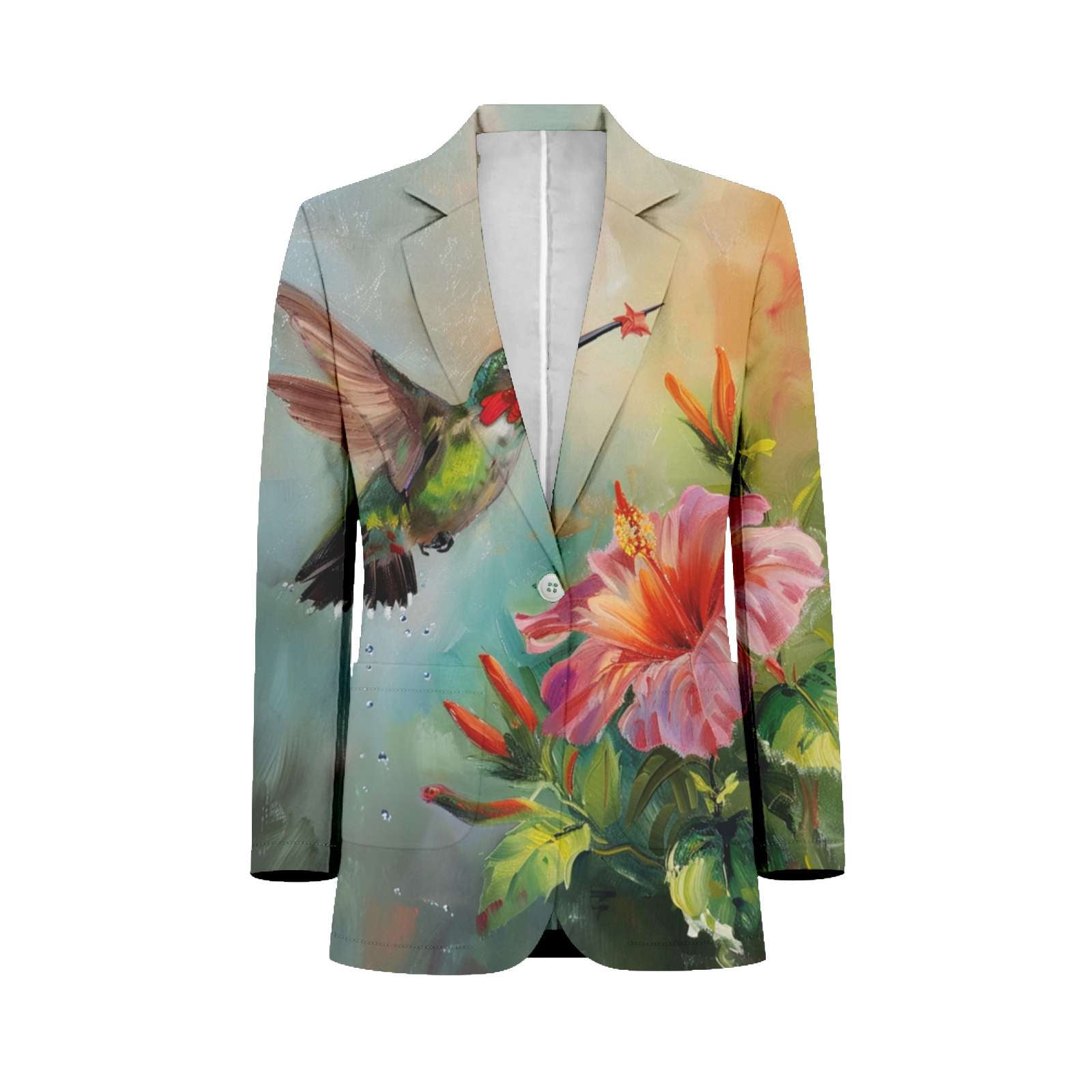Colorful Hummingbird And Flowers Mens Suits Shawl Collar Slim Fit Suit ...