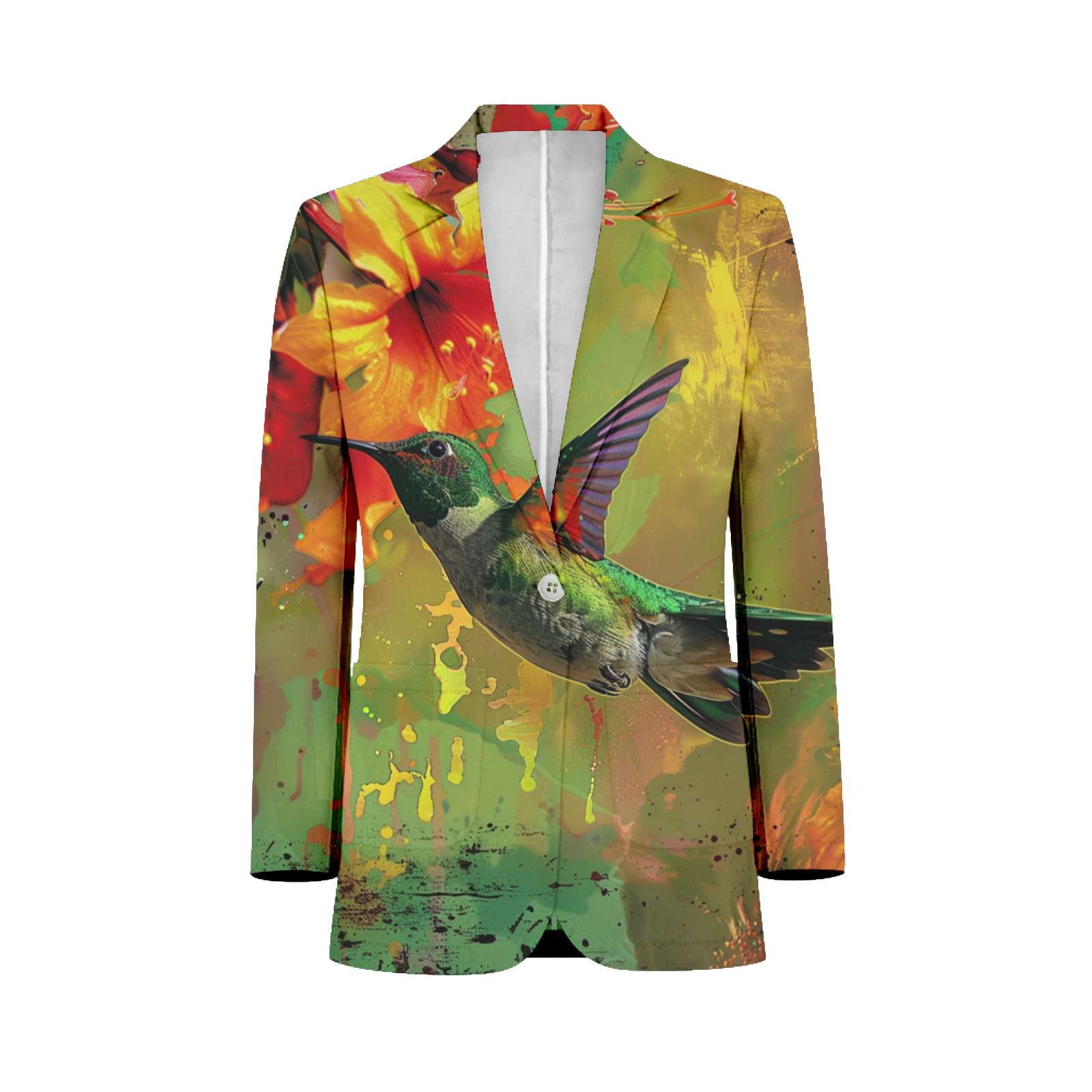 Colorful Hummingbird And Flowers Mens Suits Shawl Collar Slim Fit Suit ...