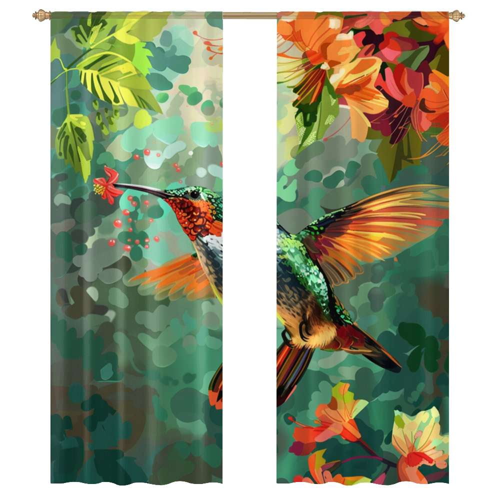 Colorful Hummingbird And Flowers Modern Tulle Window Curtains for ...
