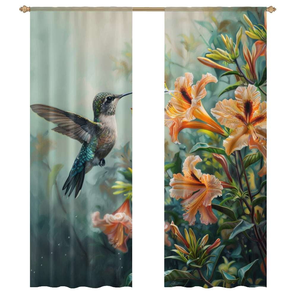 Colorful Hummingbird And Flowers Modern Tulle Window Curtains for ...