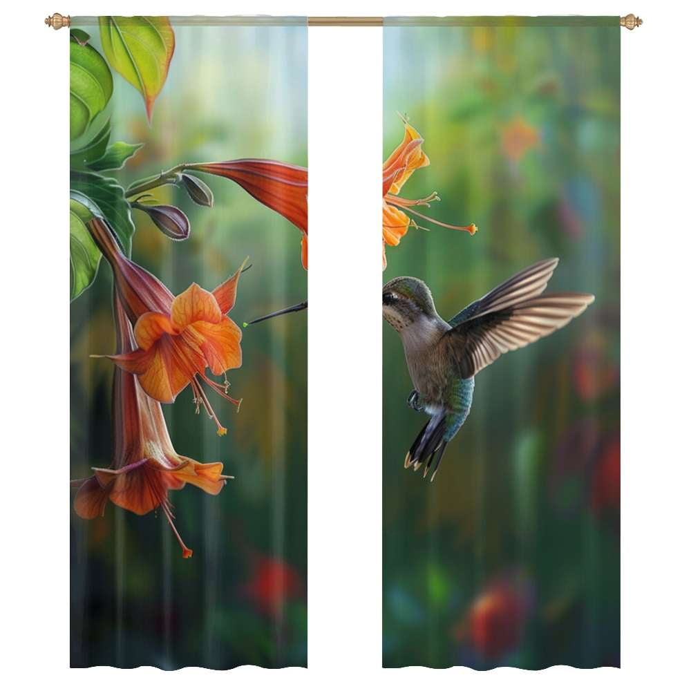 Colorful Hummingbird And Flowers Modern Tulle Window Curtains for ...