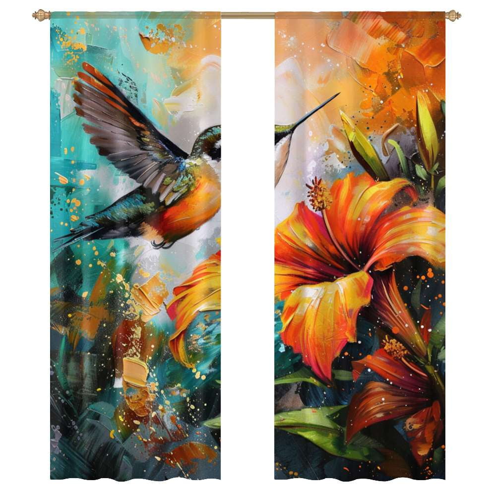 Colorful Hummingbird And Flowers Modern Tulle Window Curtains for ...