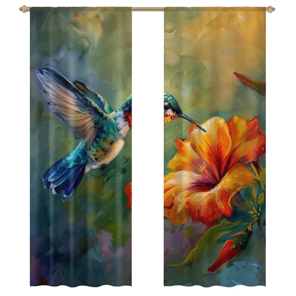 Colorful Hummingbird And Flowers Modern Tulle Window Curtains for ...