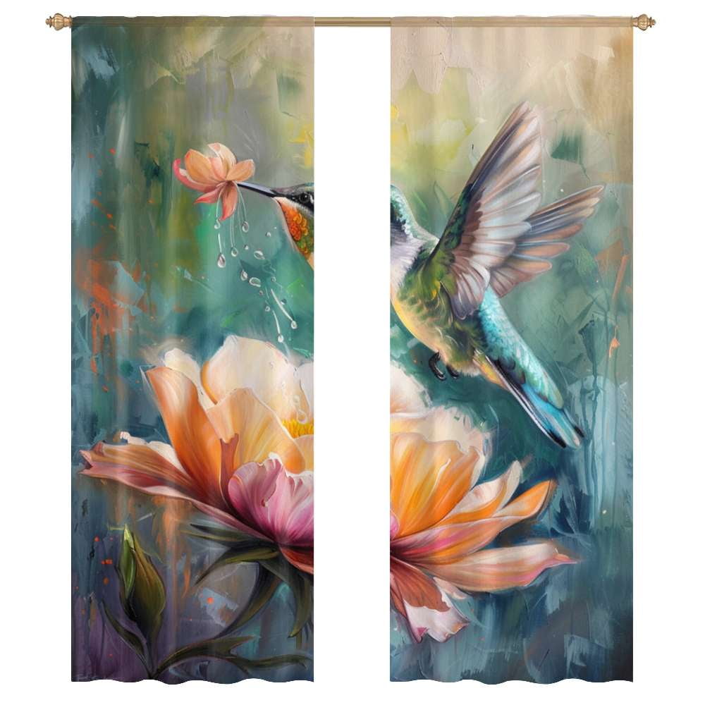 Colorful Hummingbird And Flowers Modern Tulle Window Curtains for ...