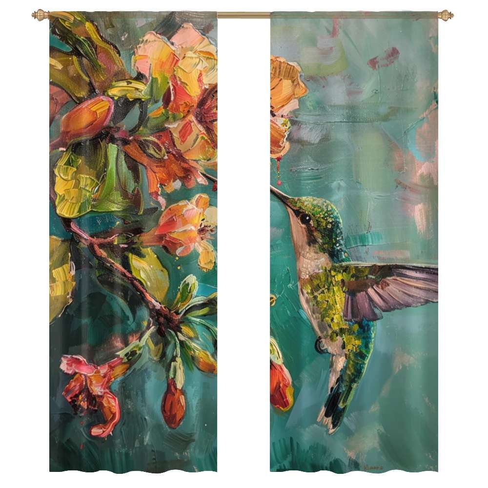 Colorful Hummingbird And Flowers Modern Tulle Window Curtains for ...