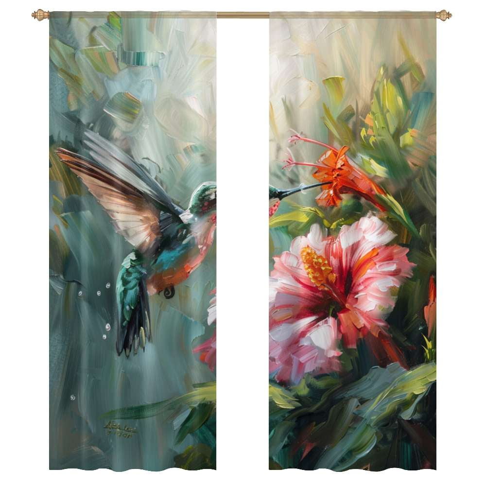 Colorful Hummingbird And Flowers Modern Tulle Window Curtains for ...
