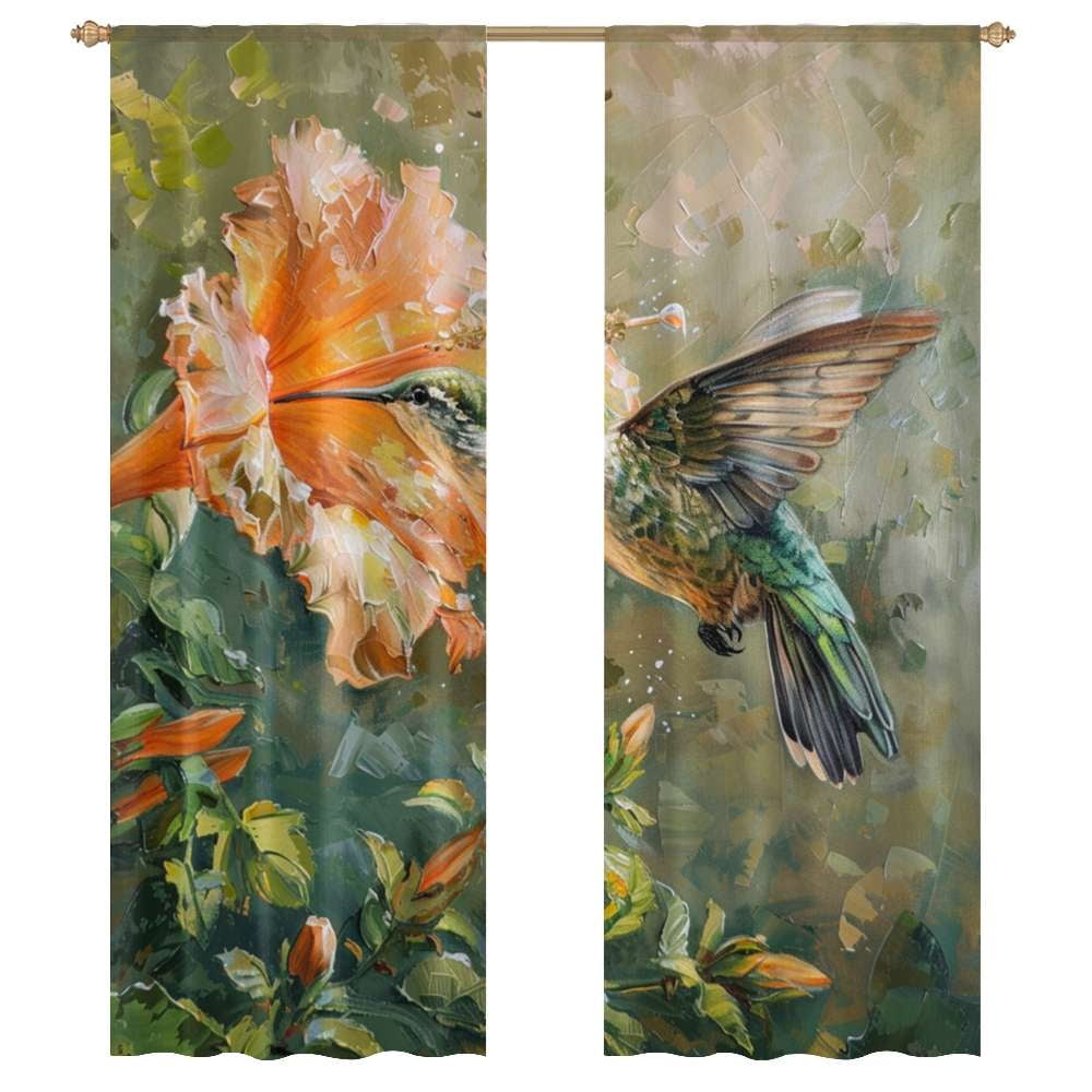 Colorful Hummingbird And Flowers Modern Tulle Window Curtains for ...