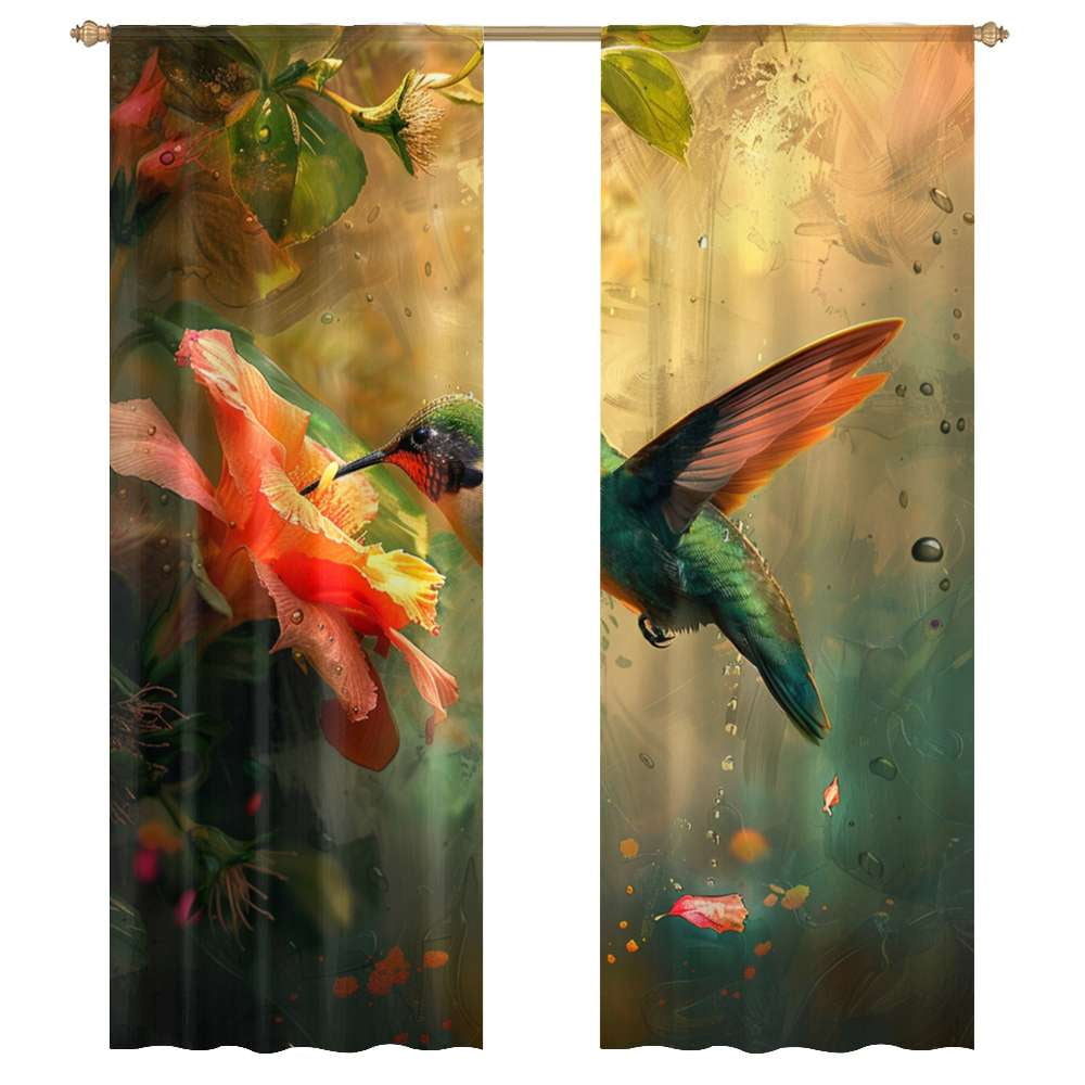 Colorful Hummingbird And Flowers Modern Tulle Window Curtains for ...