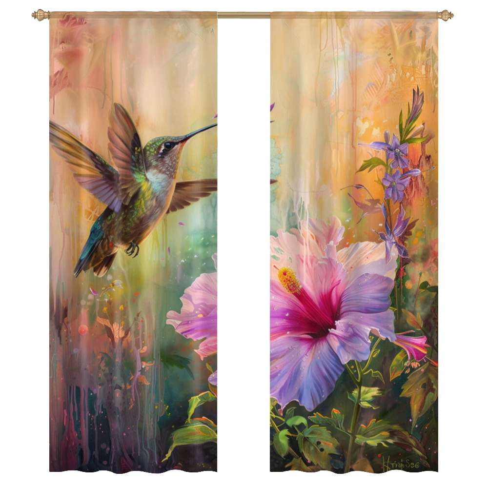 Colorful Hummingbird And Flowers Modern Tulle Window Curtains for ...