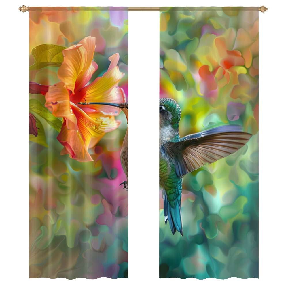 Colorful Hummingbird And Flowers Modern Tulle Window Curtains for ...